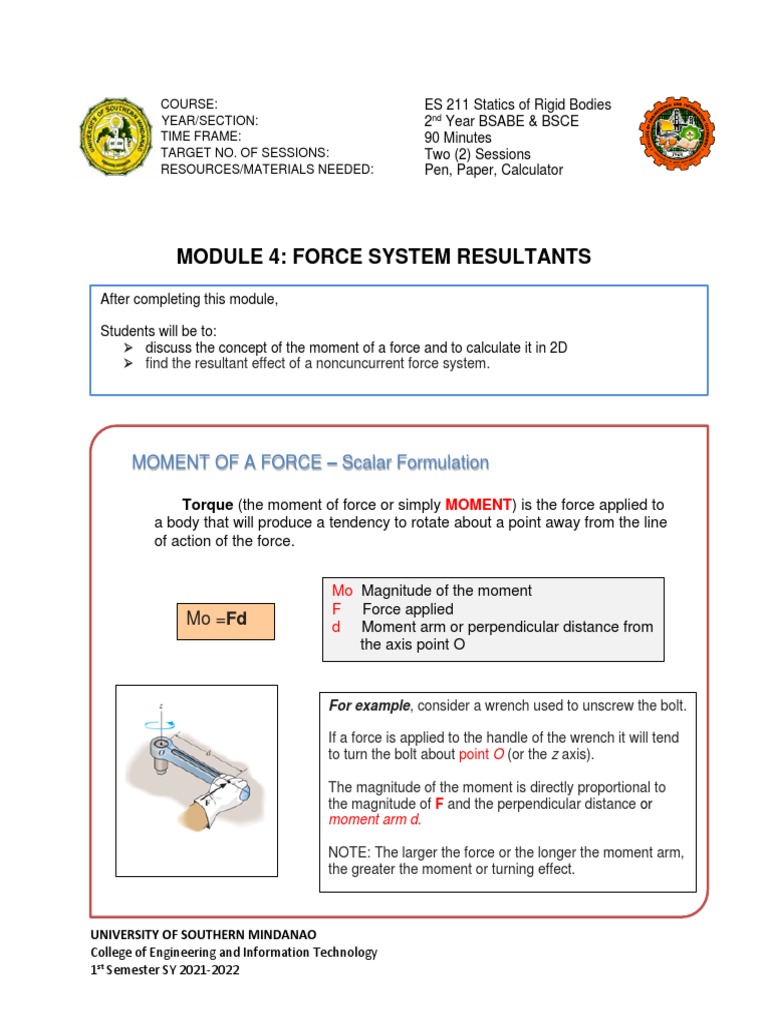 Module 4 Force System | PDF | Torque | Rotation Around A Fixed Axis
