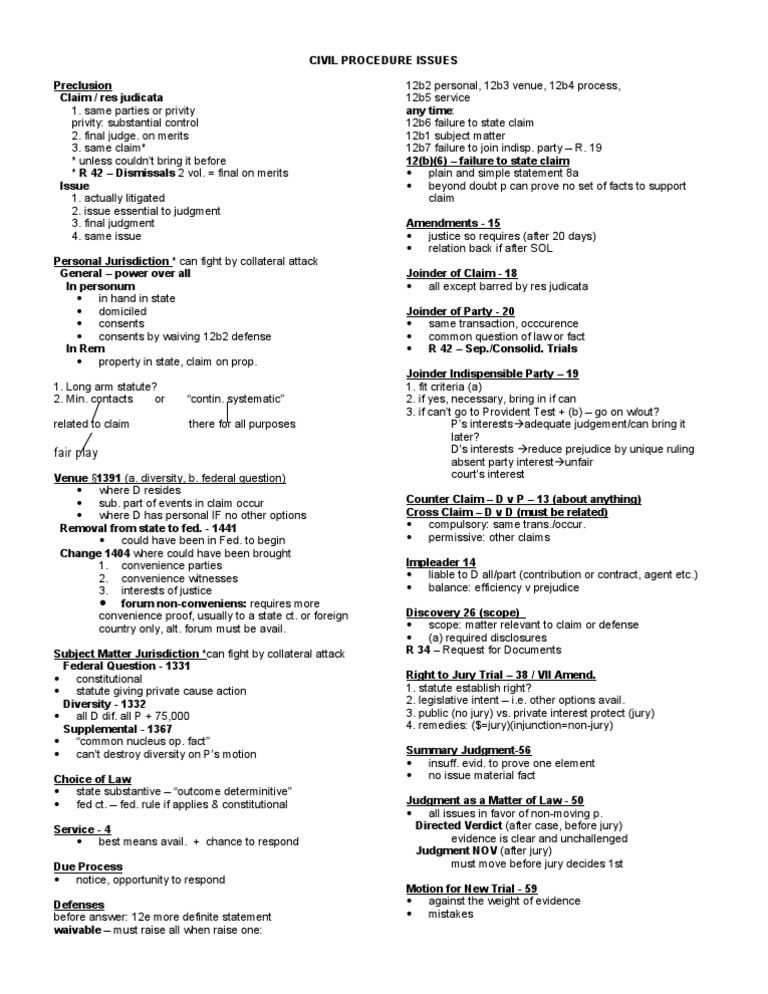 Civ Pro Attack Sheet | PDF | Res Judicata | Constitutional Law