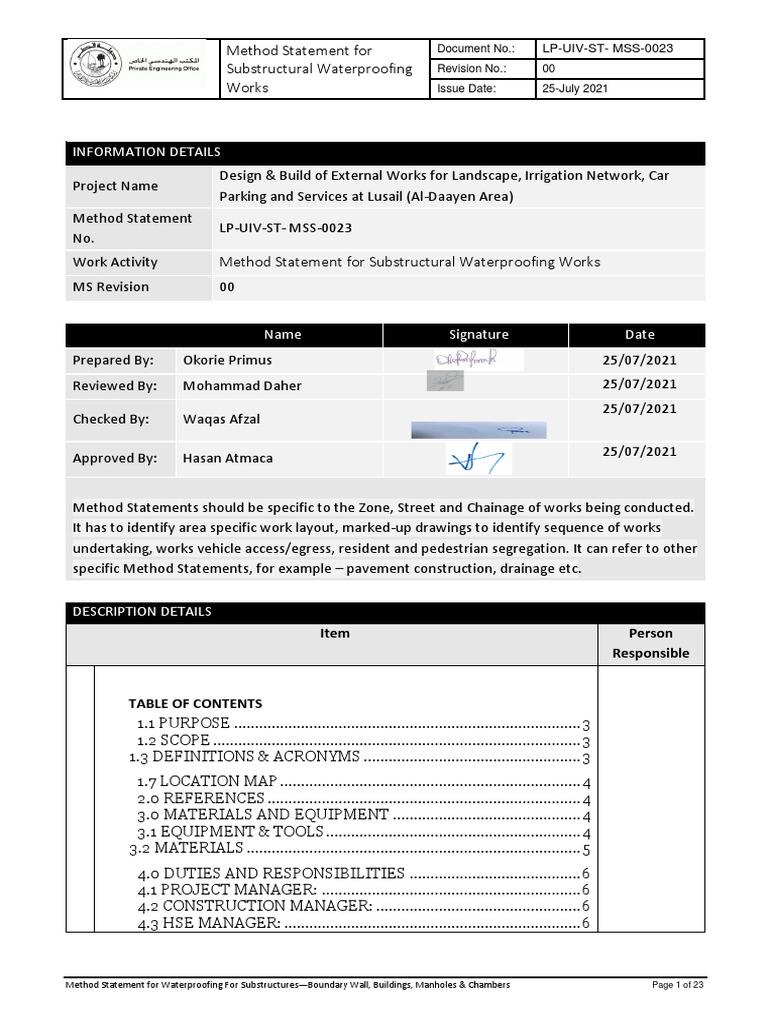 Method Statement For Substructural Waterproofing Works REV 00 | PDF ...