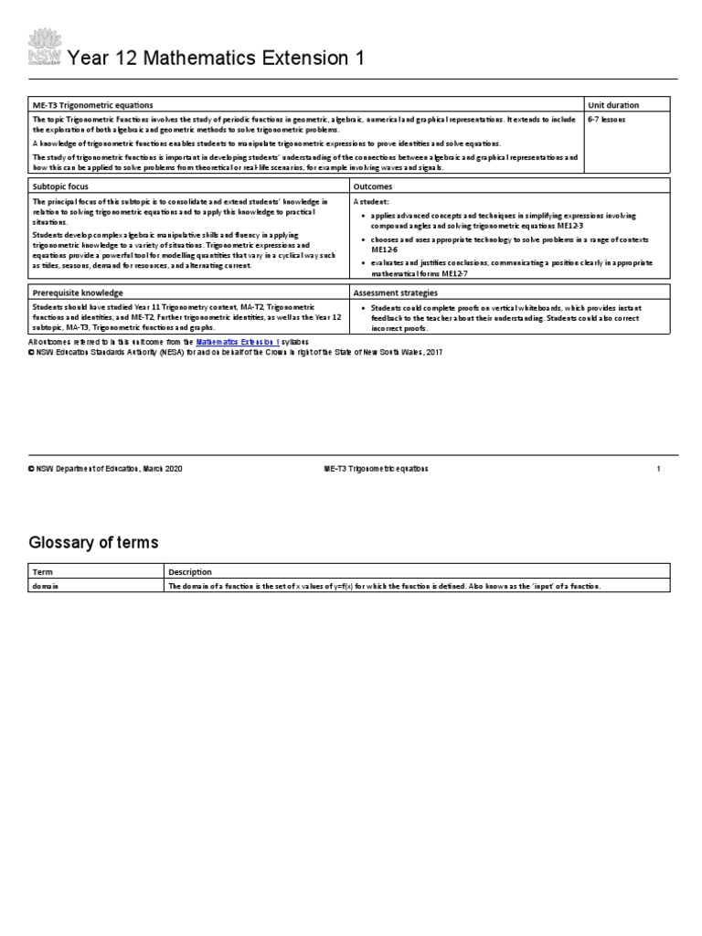 Year 12 Mathematics Extension 1: ME-T3 Trigonometric Equations Unit ...