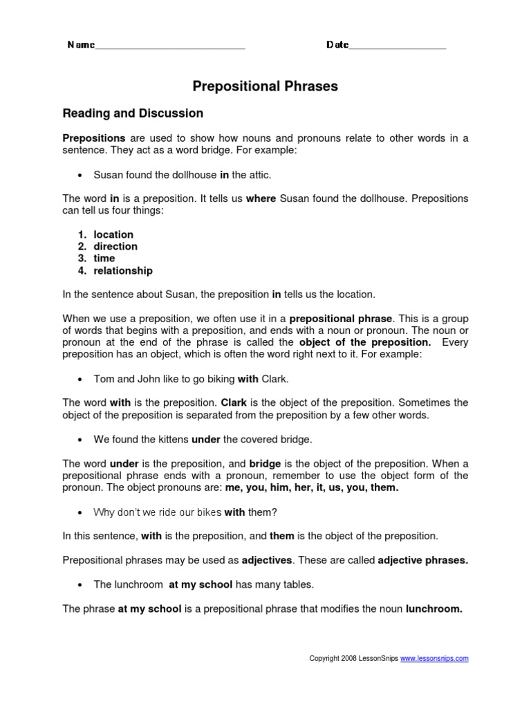 Prepositional Phrases | PDF | Preposition And Postposition | Noun