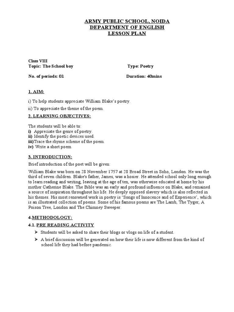 Lesson Plan: The School Boy Poem | PDF | Poetry | William Blake