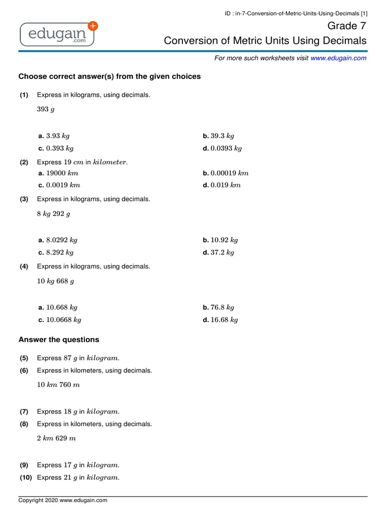 Grade 7 Conversion of Metric Units Using Decimals in | PDF | Notation ...