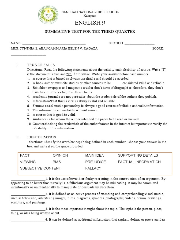 English 9: Summative Test For The Third Quarter | PDF | Fallacy | Cognition