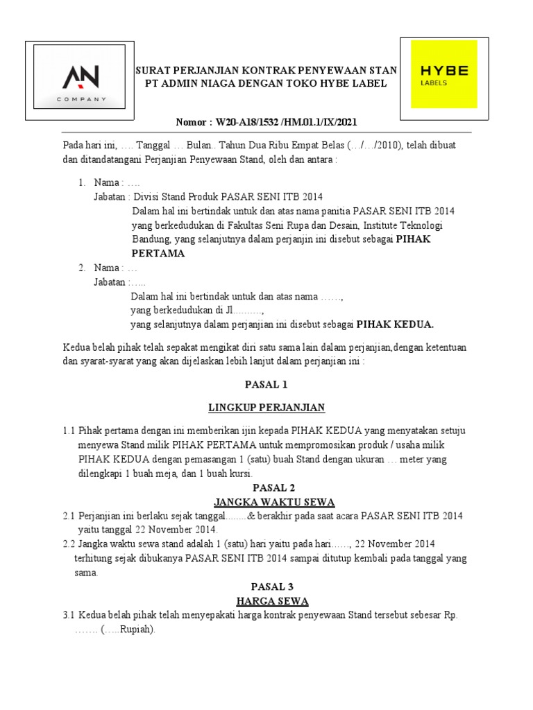 Surat Perjanjian Kontrak Penyewaan Standdocx | PDF