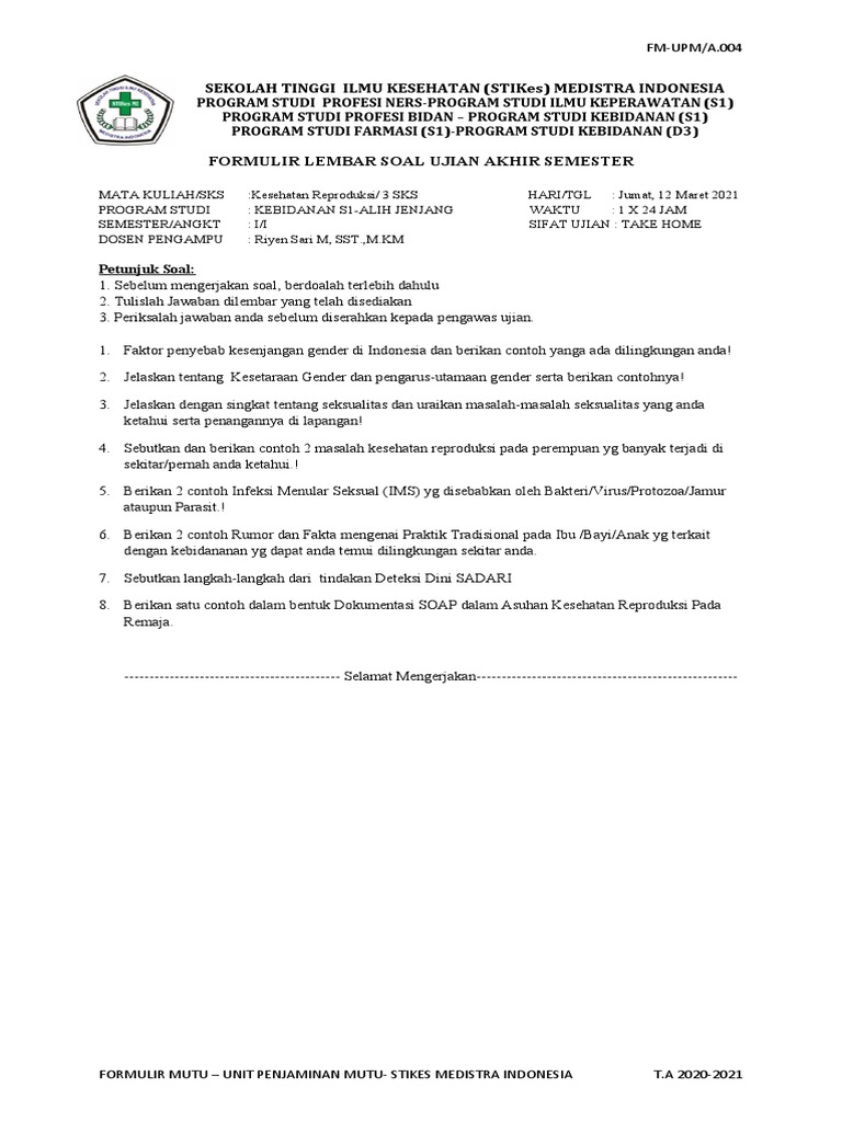 Tempalet Soal Uas Kespro Aj | PDF