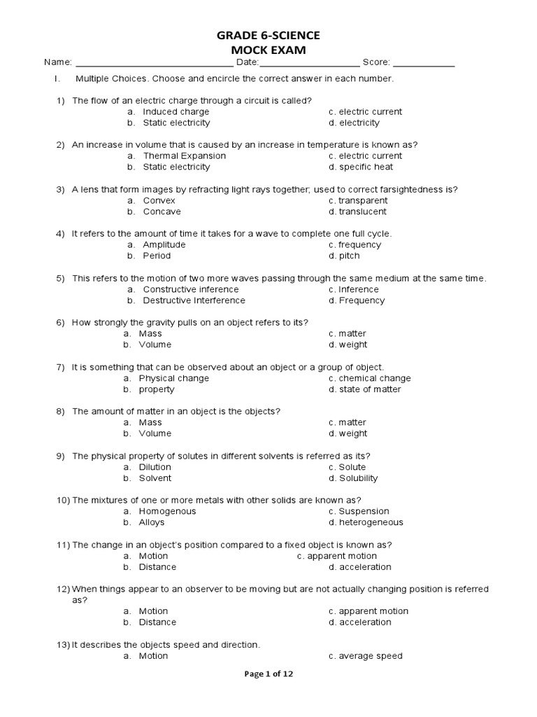 Grade 6 Science Mock Exam Questions | PDF | Force | Chemical Elements