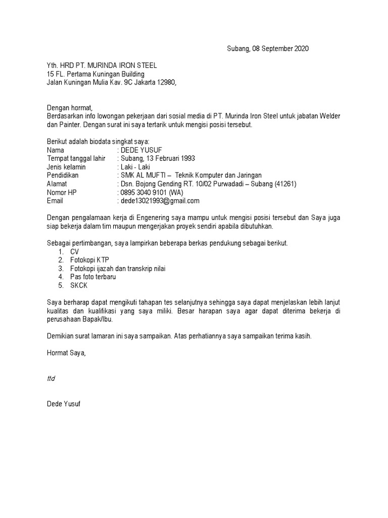 Lamaran Kerja Welder & Painter | PDF