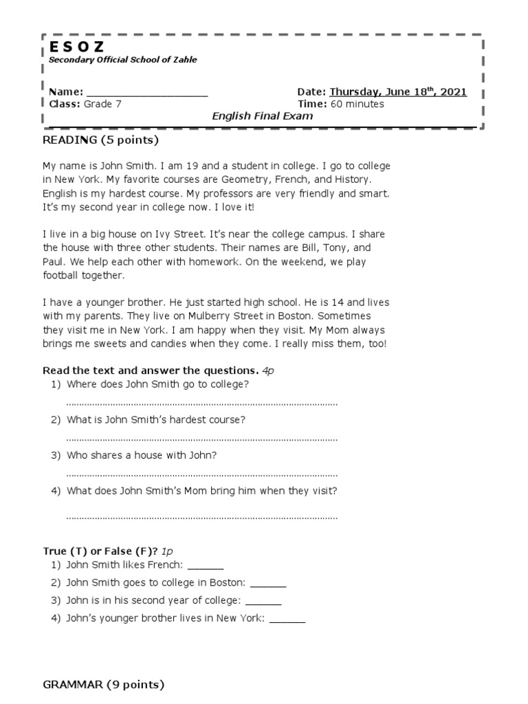Grade 7 English Final Exam 2021 | PDF | Linguistics