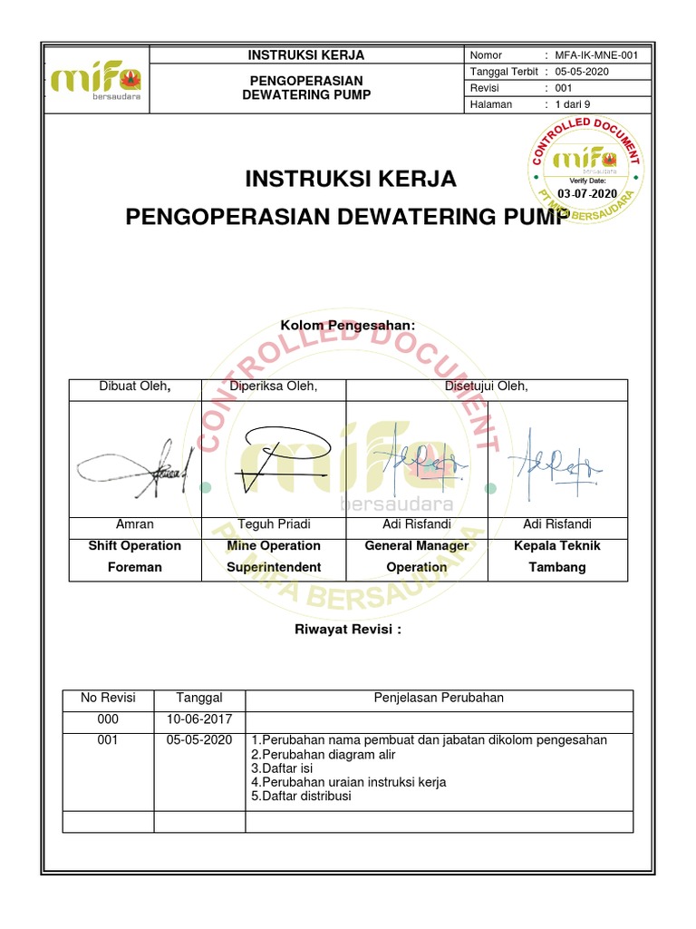 MFA-FM-MNE-001 - 01 Instruksi Kerja Pengoperasian Dewatering Pump | PDF