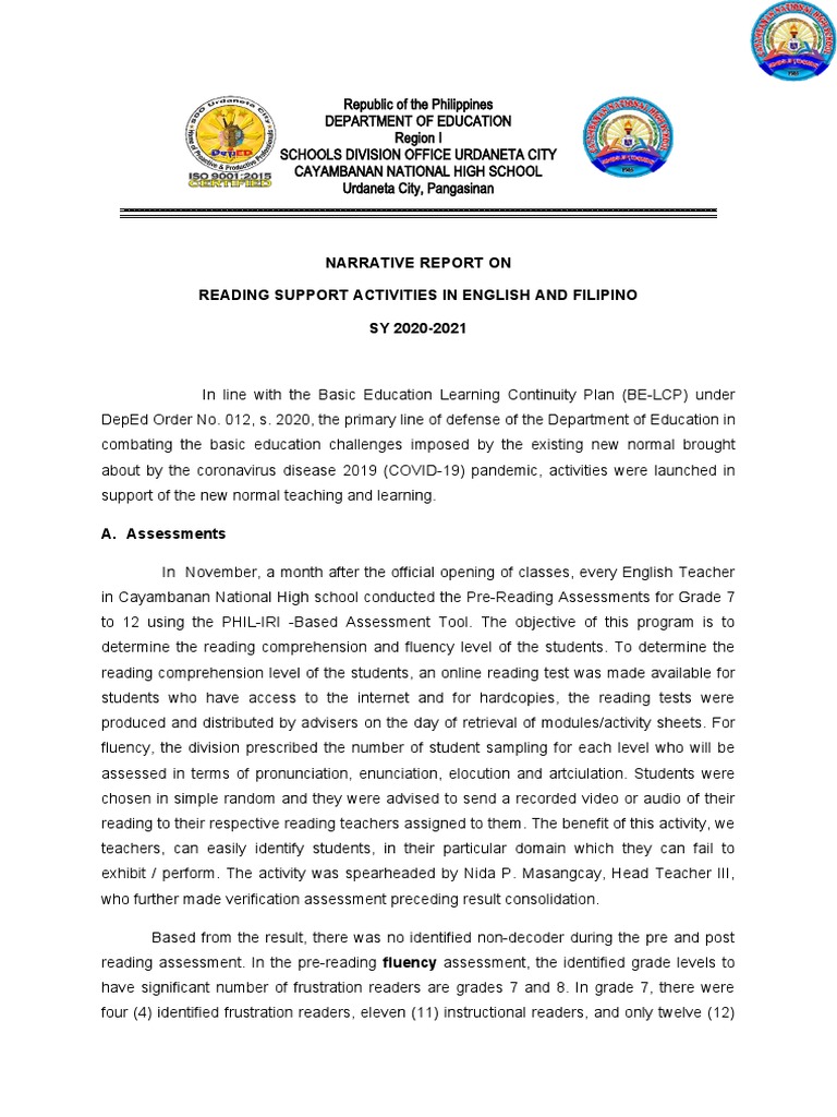 Narrative Report on Reading Support 2021 | PDF | Reading Comprehension ...