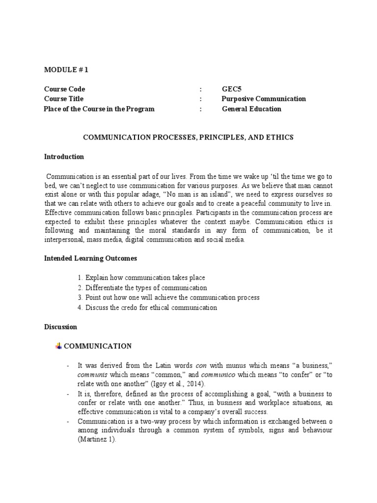 Module # 1 Course Code: Gec5 Course Title: Purposive Communication Place of The Course in The ...