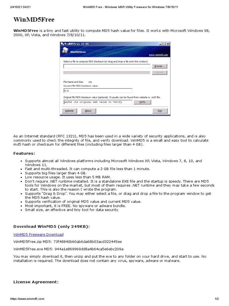 WinMD5 Free - Windows MD5 Utility Freeware For Windows 7 - 8 - 10 - 11 | PDF | Microsoft Windows ...