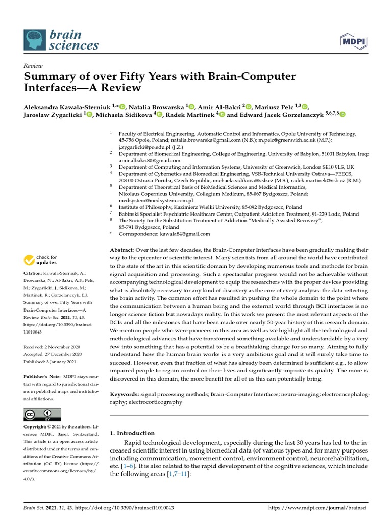 Brain Sciences: Summary of Over Fifty Years With Brain-Computer ...