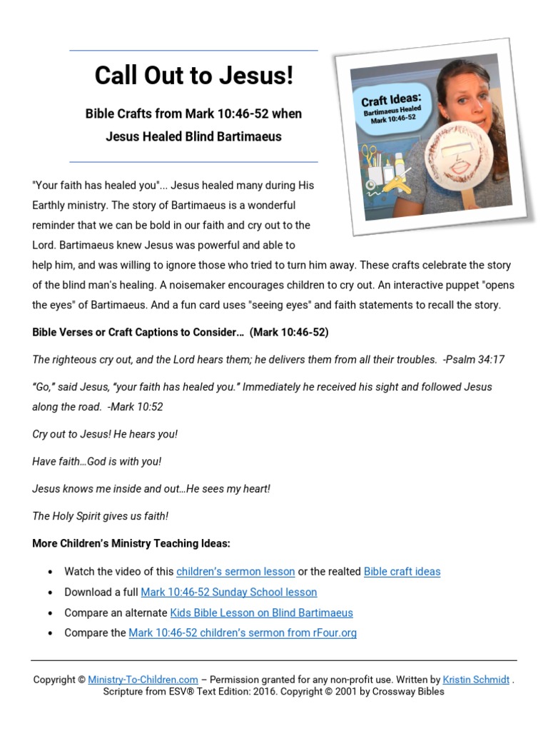 Bible Craft Ideas Blind Bartimaeus Healed Mark 10-46-52 | PDF | English ...