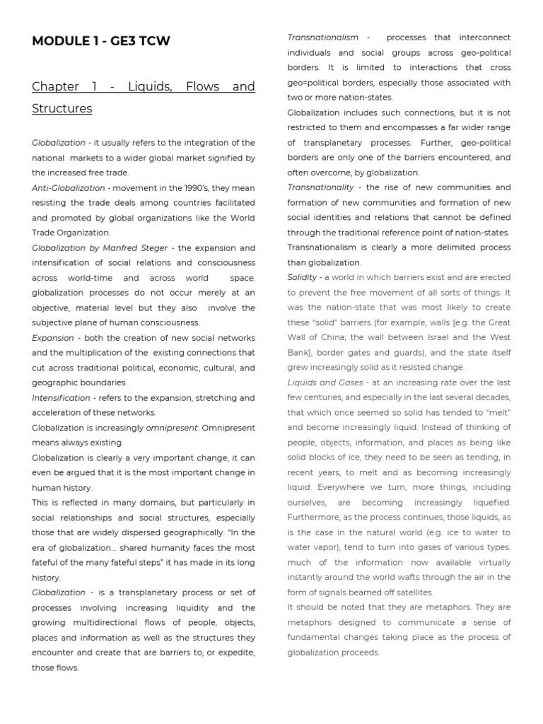 Module 1 - Ge3 TCW: Chapter 1 - Liquids, Flows and Structures | PDF | Globalization