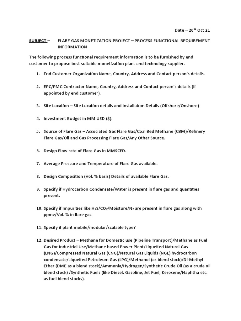 Flare Gas Monetization Project Functional Requirement Sheet | PDF ...
