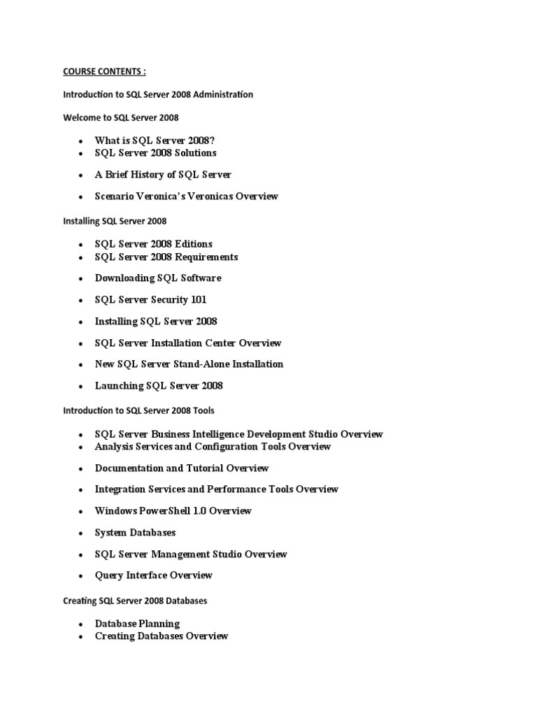 Course Contents: Introduction To SQL Server 2008 Administration Welcome ...