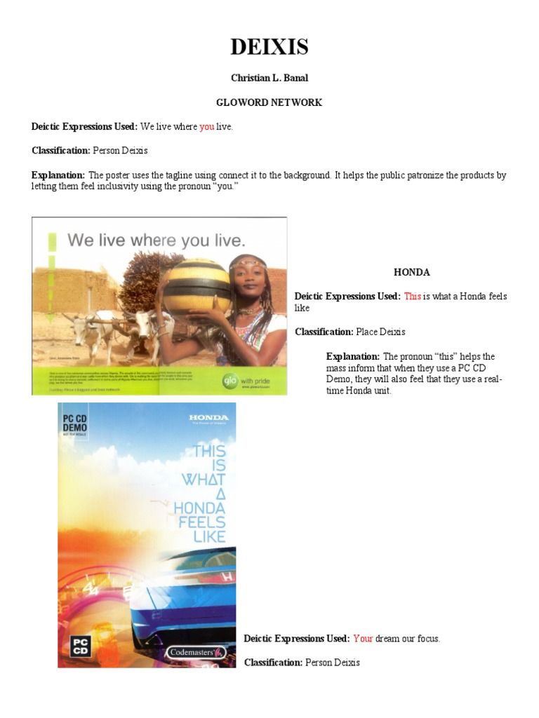Deixis - Sample Exercise | PDF | Marketing | Mass Media