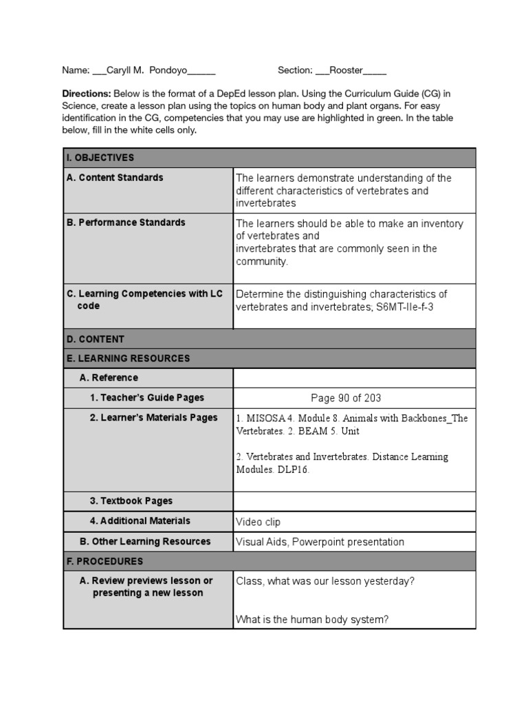 DepEd Lesson Plan Format in Science | PDF | Lesson Plan | Learning