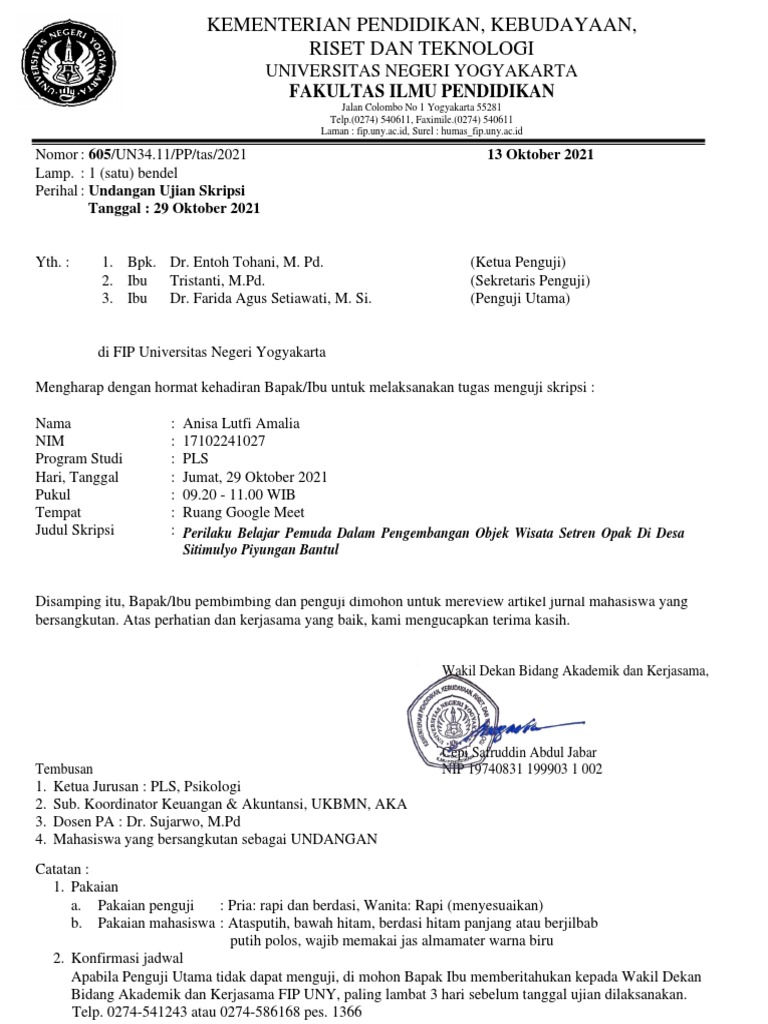 Undangan Ujian Skripsi FIP UNY 2021 | PDF