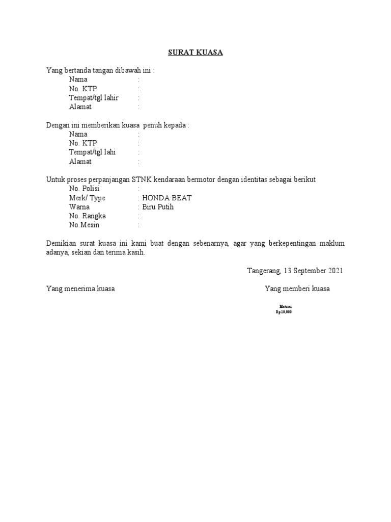 Surat Kuasa Perpanjang STNK | PDF