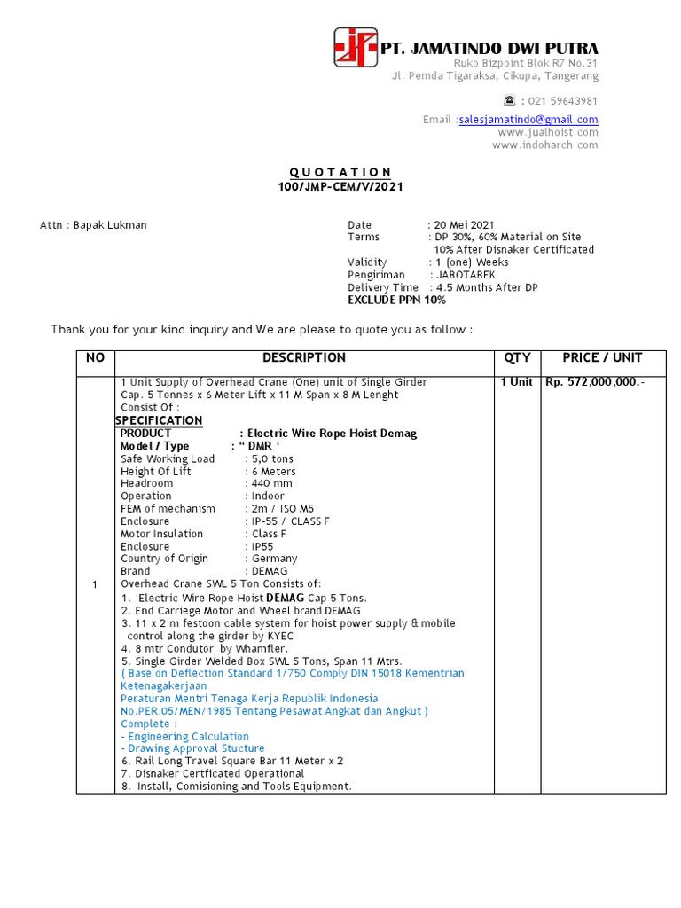 Overhead Crane Quotation from Jamatindo | PDF | Crane (Machine) | Equipment