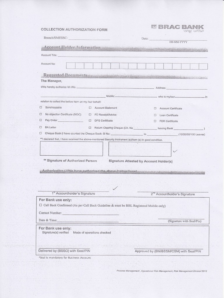 Brac Bank Authrization Form | PDF
