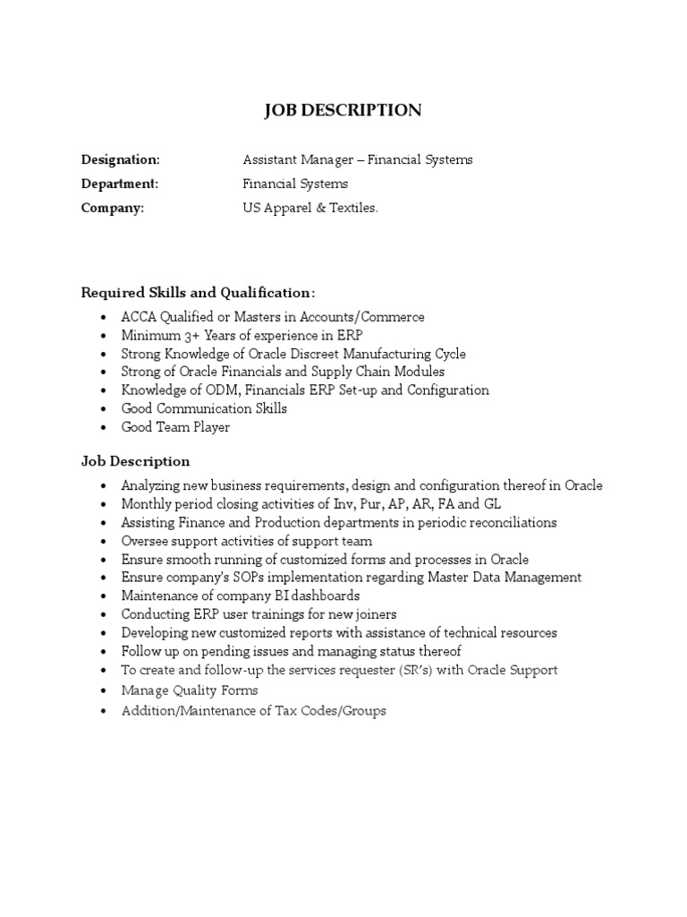 Job Description: Designation: Department: Company | PDF | Business ...