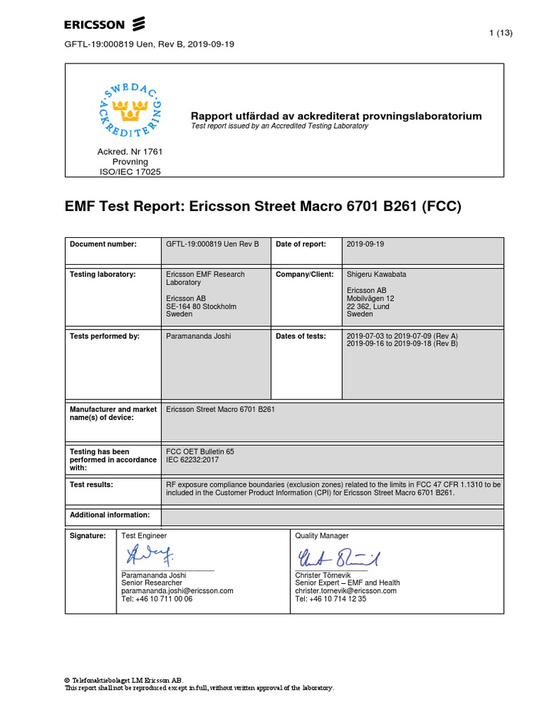 EMF Test Report: Ericsson Street Macro 6701 B261 (FCC) : Rapport ...
