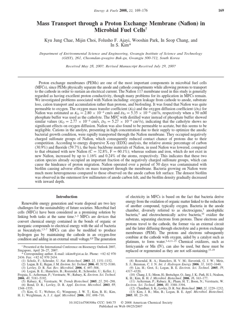 Mass Transport Through A Proton Exchange Membrane (Nafion) in Microbial ...