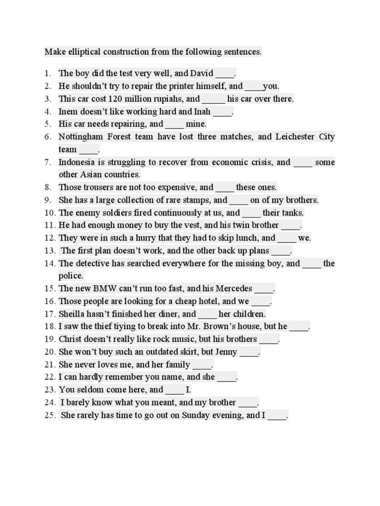 Make Elliptical Construction From The Following Sentences | PDF