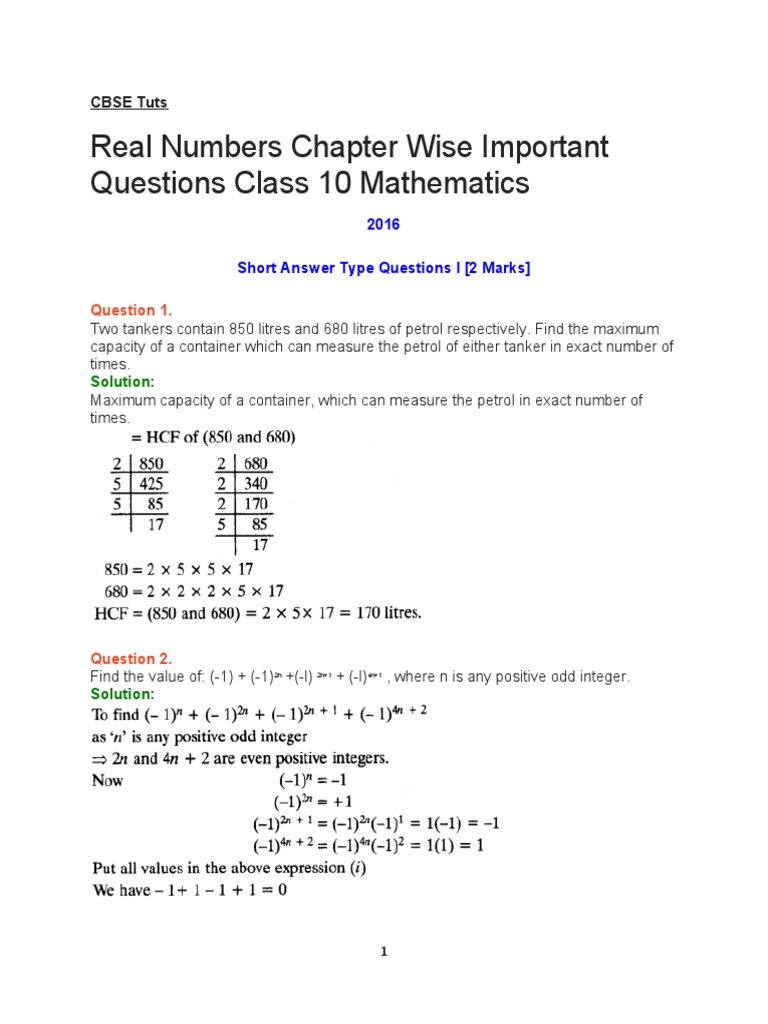 Real Numbers Chapter Wise Important Questions Class 10 Mathematics ...