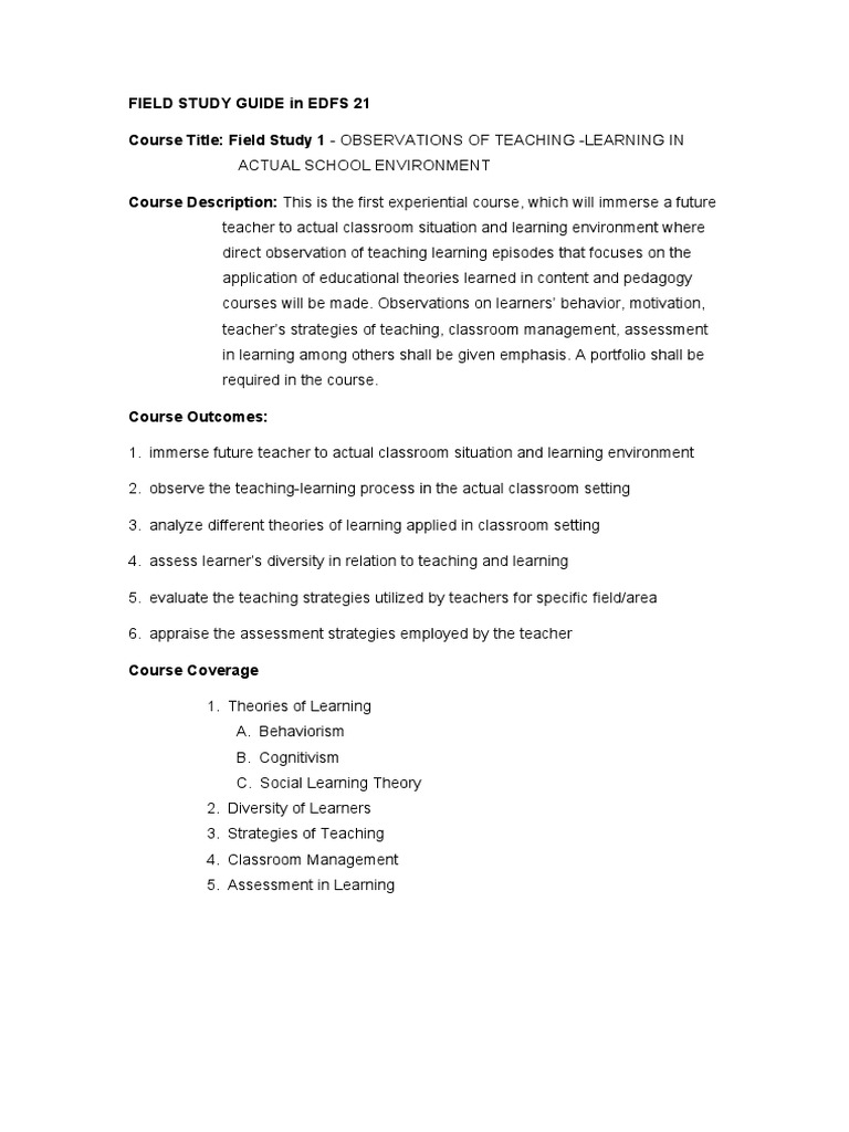 Field Study Guide in Edfs 21 Course Title: Field Study 1 - Observations ...