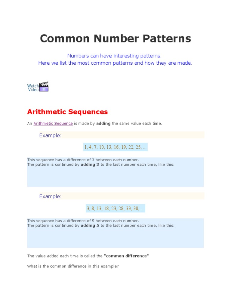 Common Number Patterns PDF Numbers Multiplication