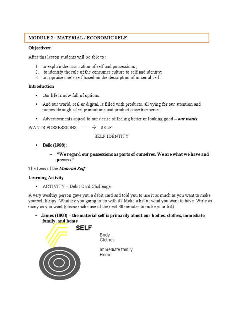 Module 2: Material / Economic Self Objectives:: Body Clothes Immediate ...