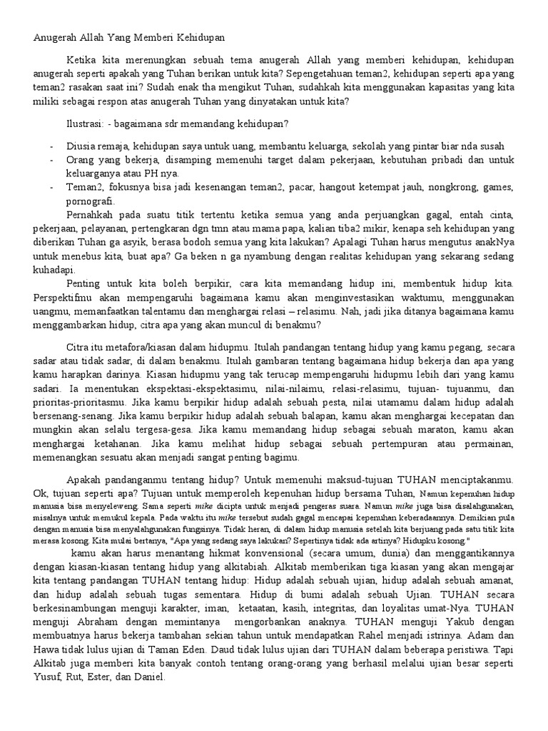 Anugerah Allah Yang Memberi Kehidupan | PDF