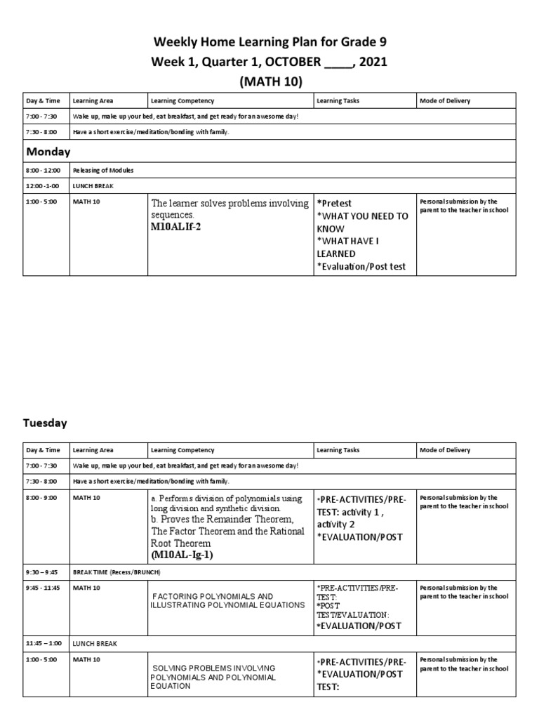 Weekly Home Learning Plan For Grade 9 Week 1, Quarter 1, OCTOBER ...