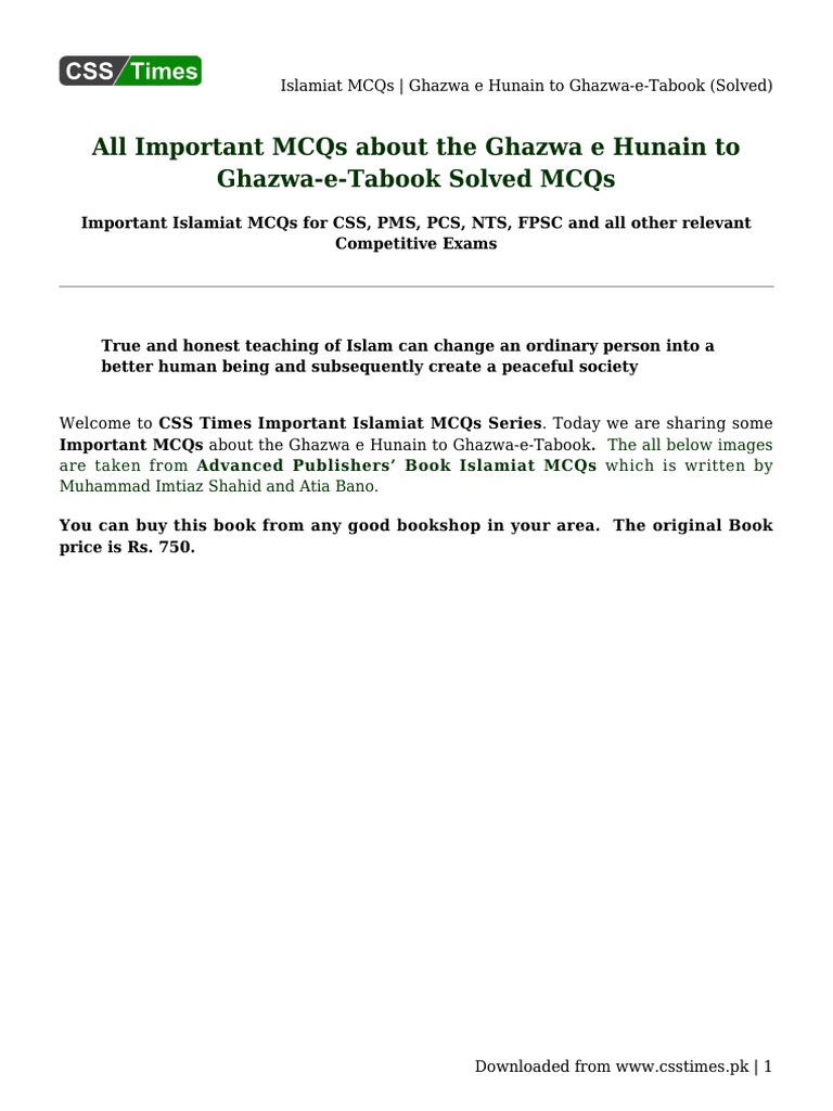 Ghazwa e Hunain to Tabook MCQs | PDF | Islamism | Sharia