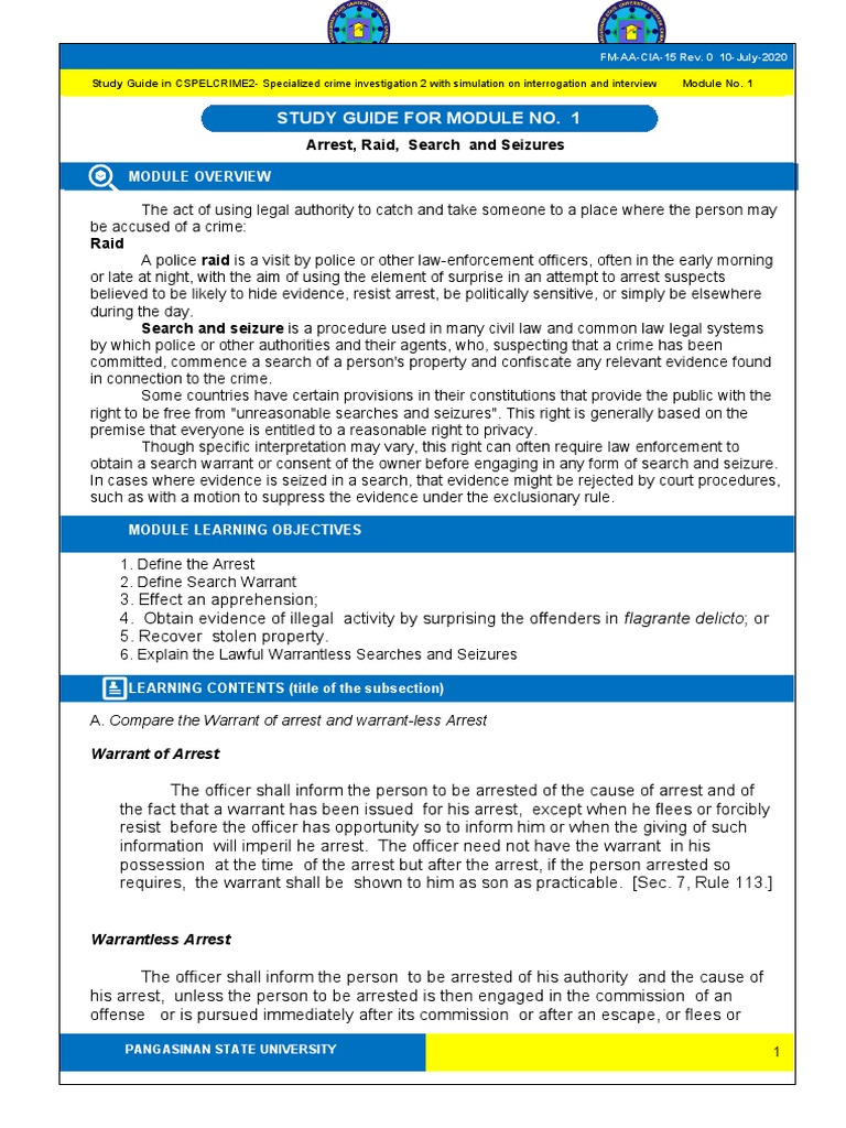 Study Guide For Module No. 1: Arrest, Raid, Search and Seizures | PDF ...