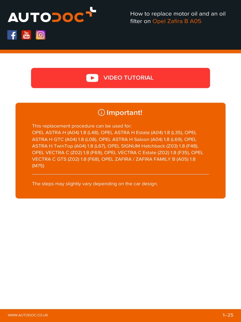 En How To Replace Motor Oil and An Oil Filter On Opel Zafira B A05 | PDF | Opel