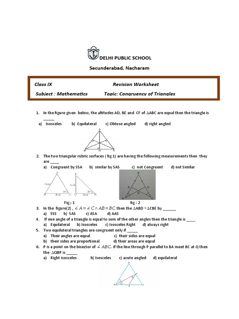 Class Ix Revision Worksheet Subject: Mathematics Topic: Congruency of ...