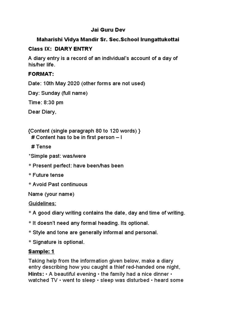 Diary Entry Class IX CW | PDF