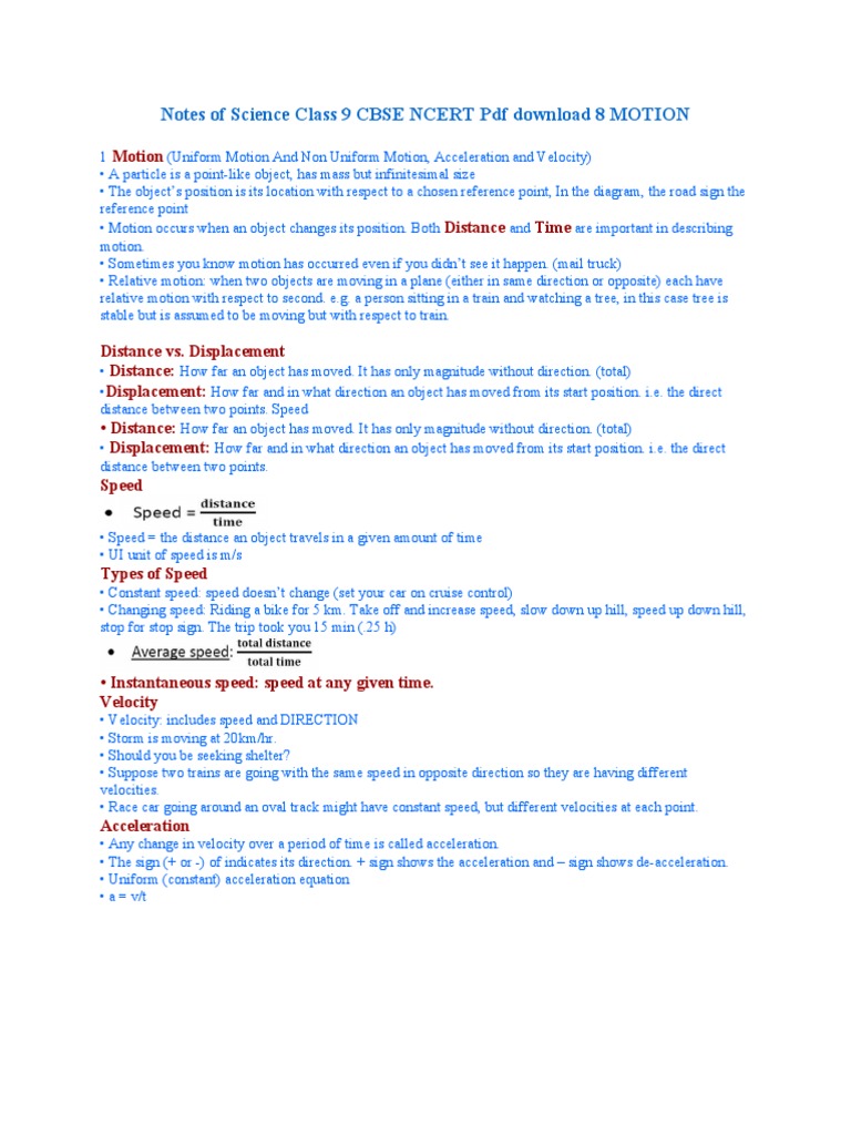 Class 9 Motion Notes and Exercises | PDF | Acceleration | Velocity