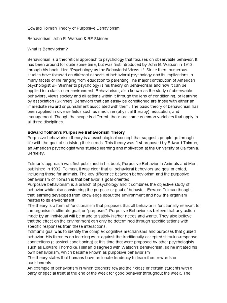 Edward Tolman's Purposive Behaviorism Theory | PDF | Behaviorism | Learning