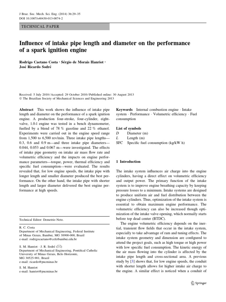 Influence of Intake Pipe Dimensions on Spark Ignition Engine ...