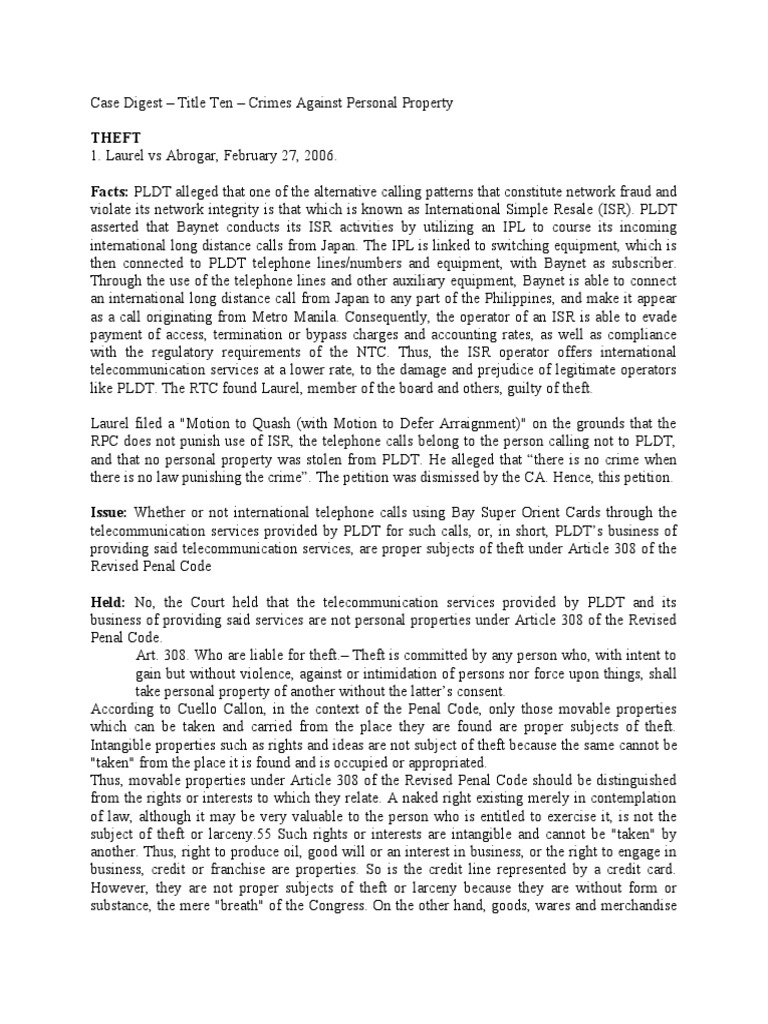 Case Digest Title Ten Crimes Against Personal Property | PDF | Theft ...