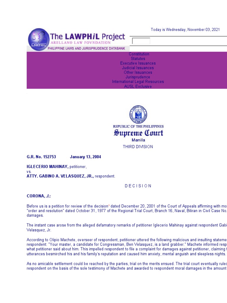 G.R. No. 152753 January 13, 2004 IGLECERIO MAHINAY, Petitioner, ATTY ...
