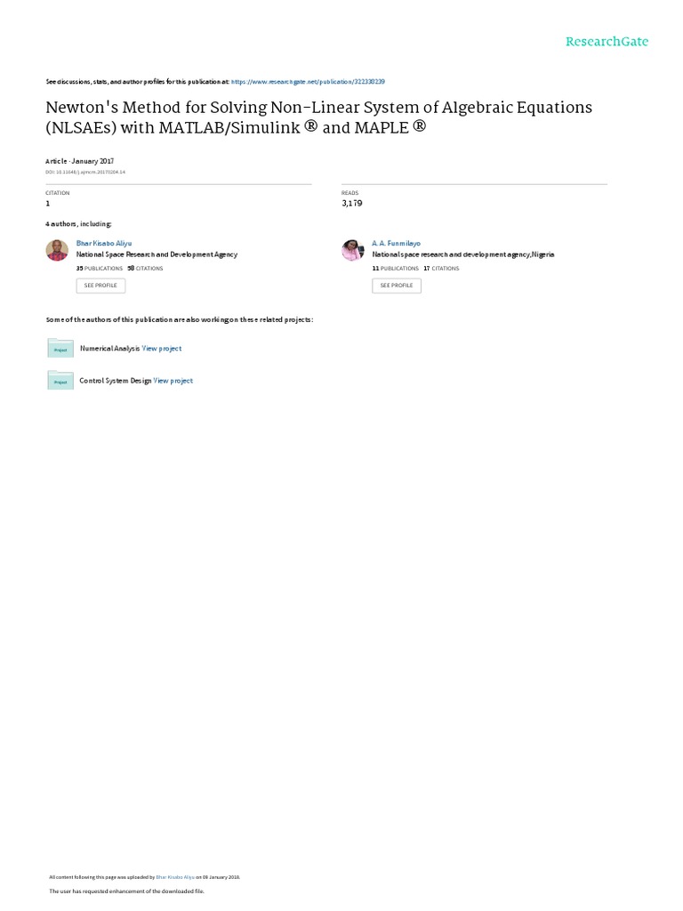Newton'S Method For Solving Non-Linear System of Algebraic Equations ...