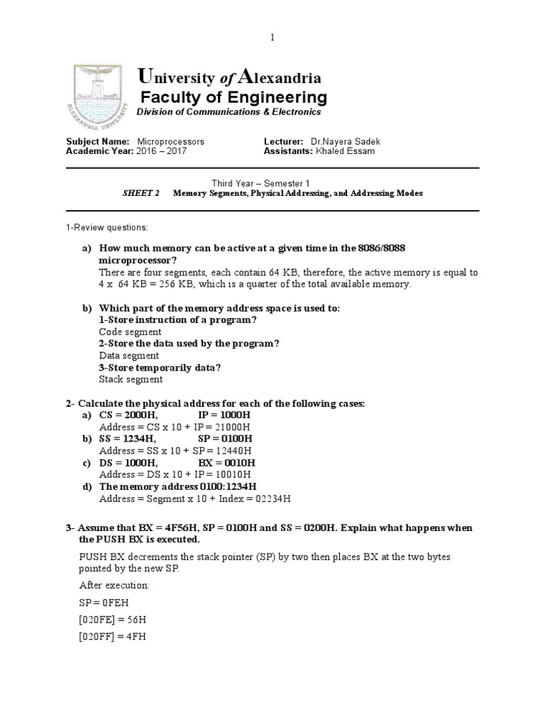 Microprocessors Memory Segments and Addressing Modes Lecture Notes ...